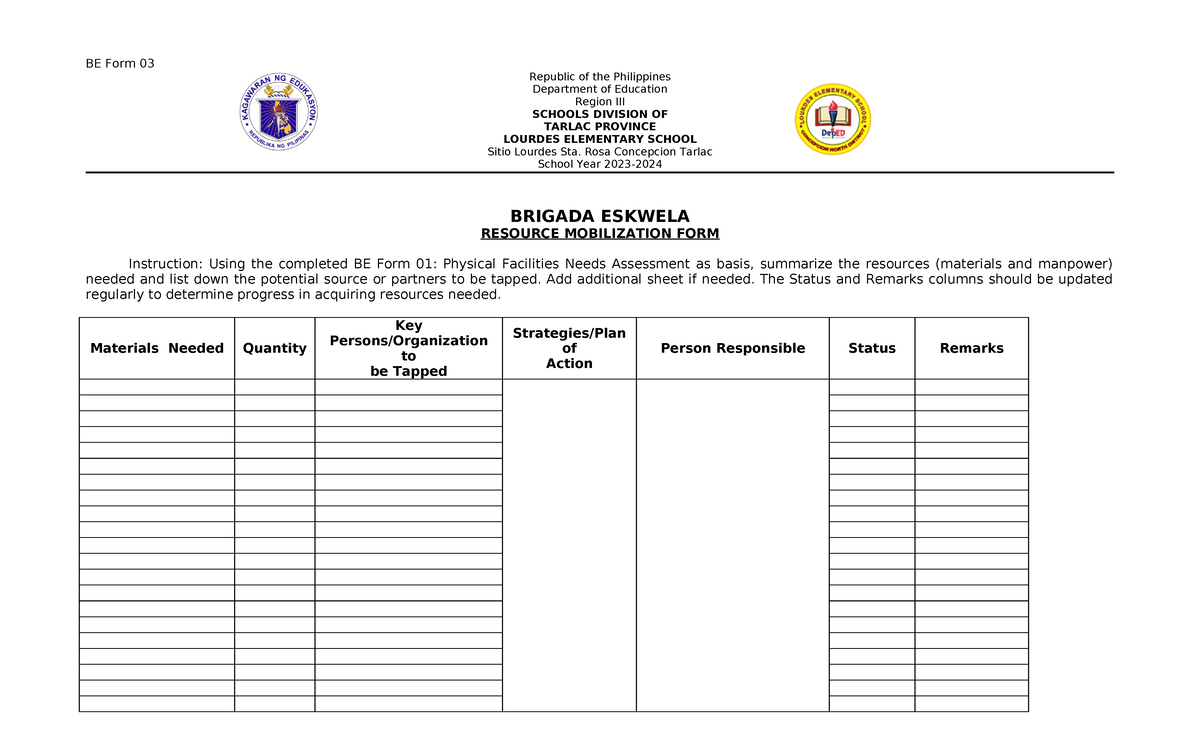 BE Form 3 Resource Mobilization FORM 1 1 - BE Form 03 Republic of the ...