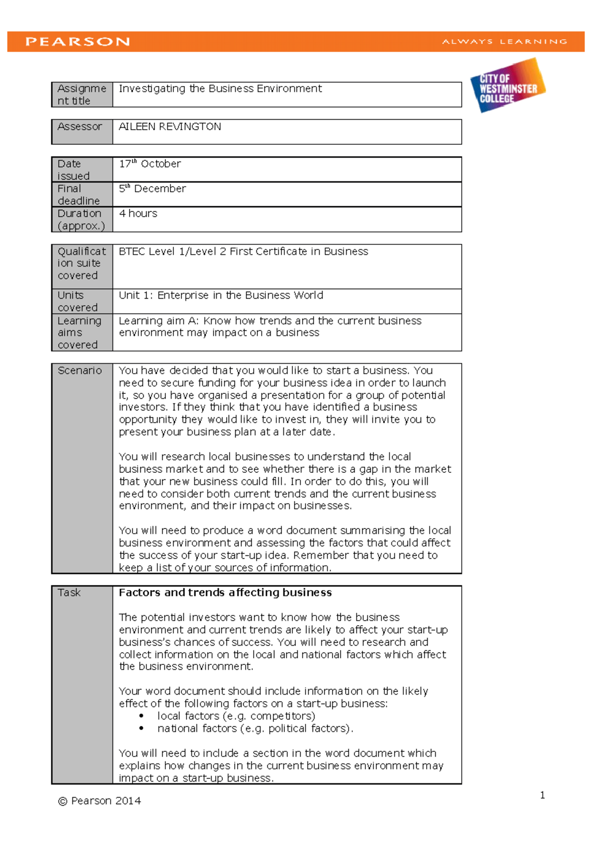 assignment (unit 3) - Assignme nt title Investigating the Business ...