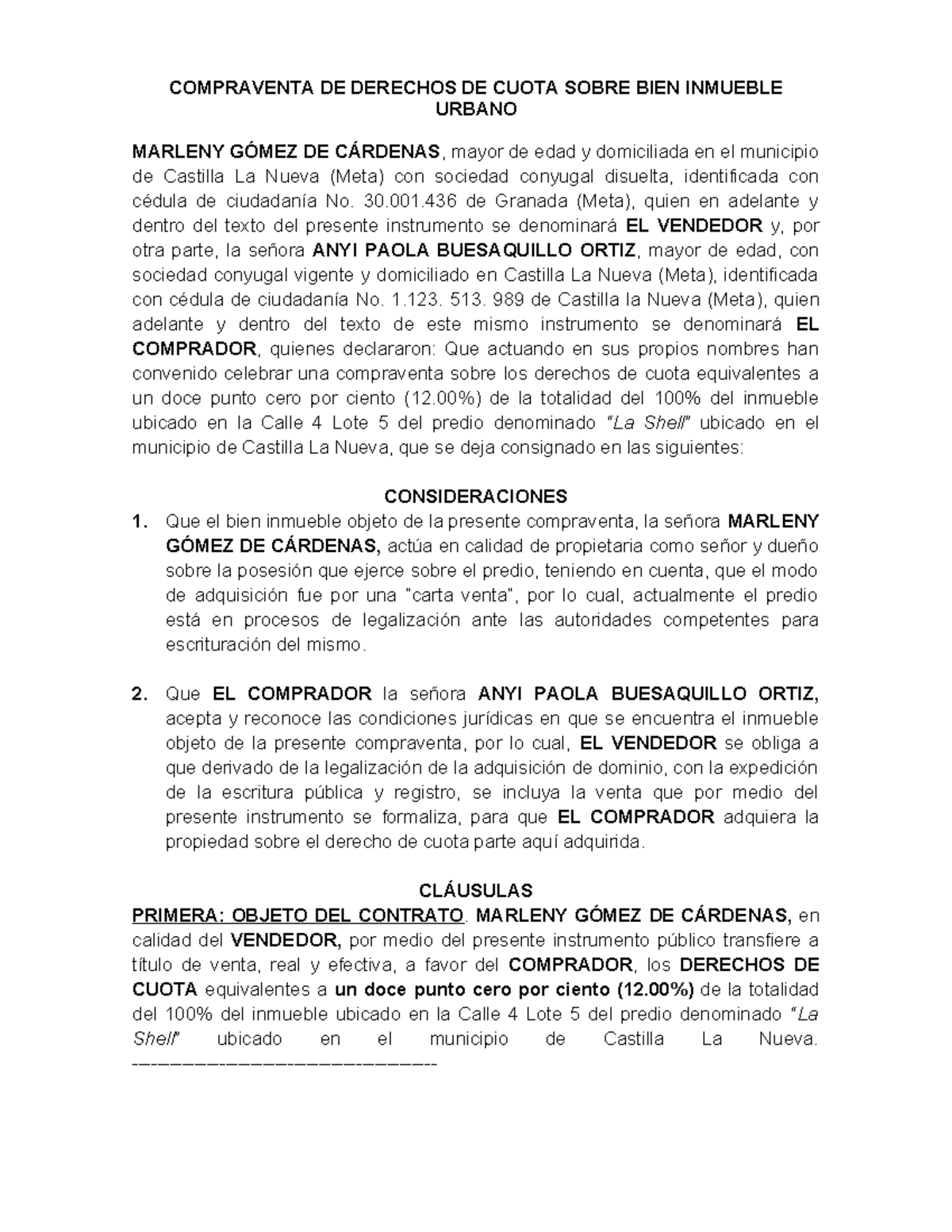 Compraventa DE Derechos DE Cuota Parte Inmuebl Urbano - URBANO MARLENY ...
