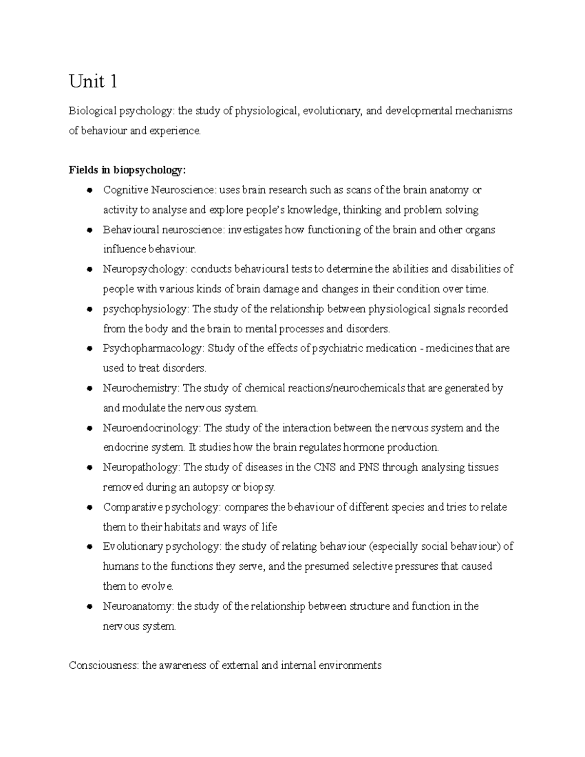 Physiological psychology all units - Unit 1 Biological psychology: the ...
