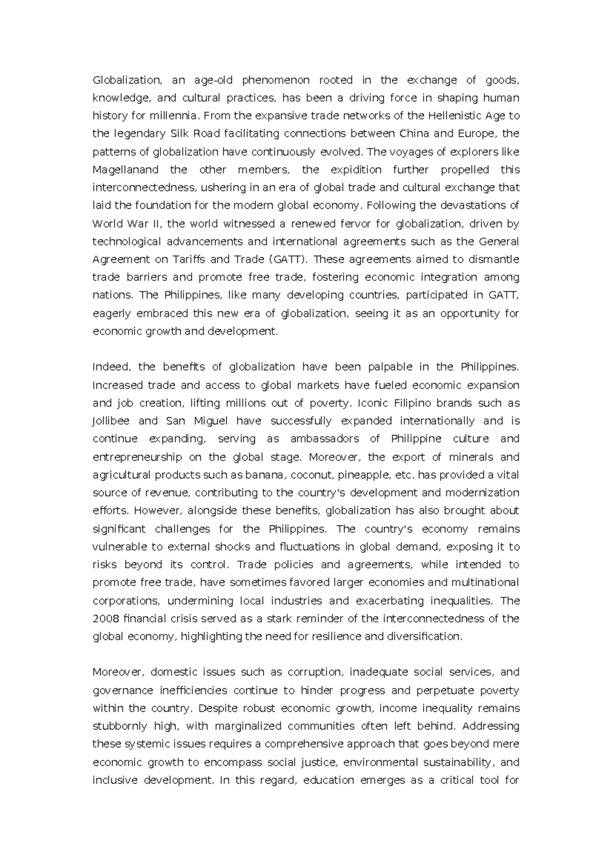 Quiz1 BA35E Essay about Globalization - Globalization, an age-old ...