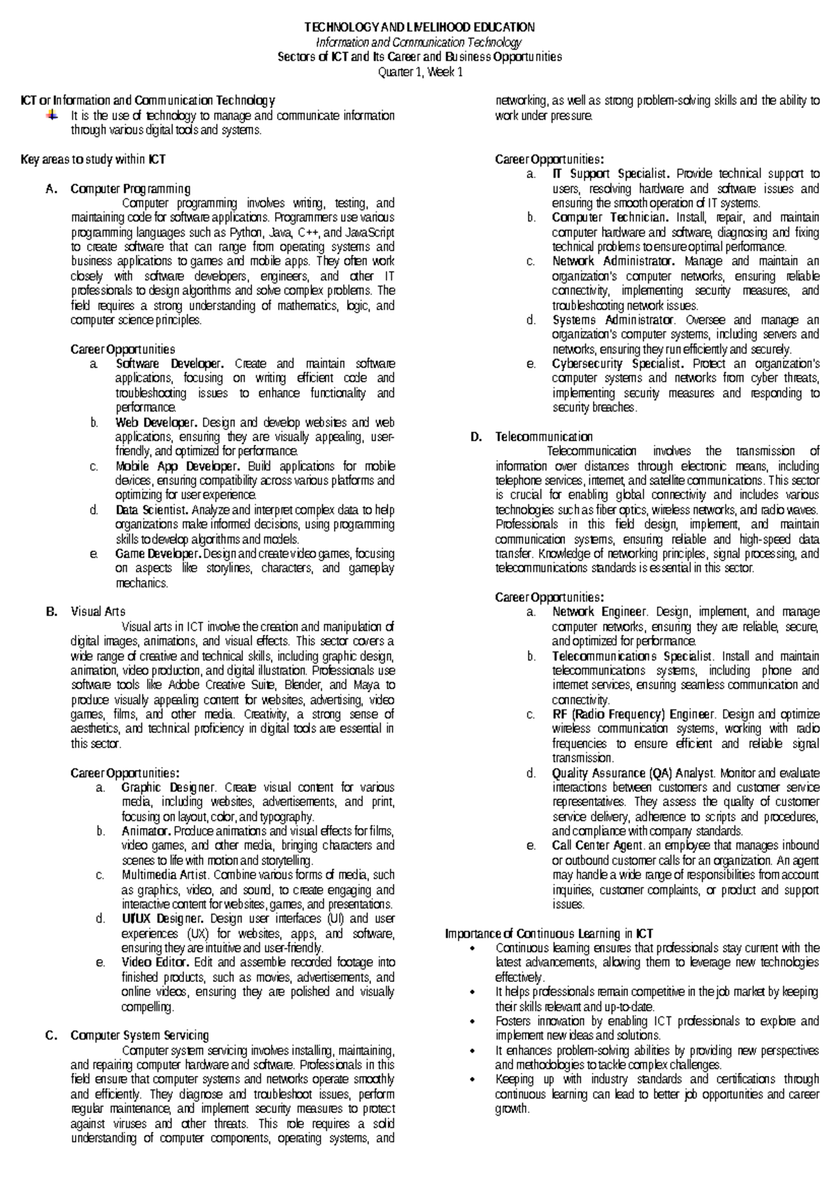 ICT Q1W1 - Lesson plan ICT WEEK 1 - TECHNOLOGY AND LIVELIHOOD EDUCATION ...