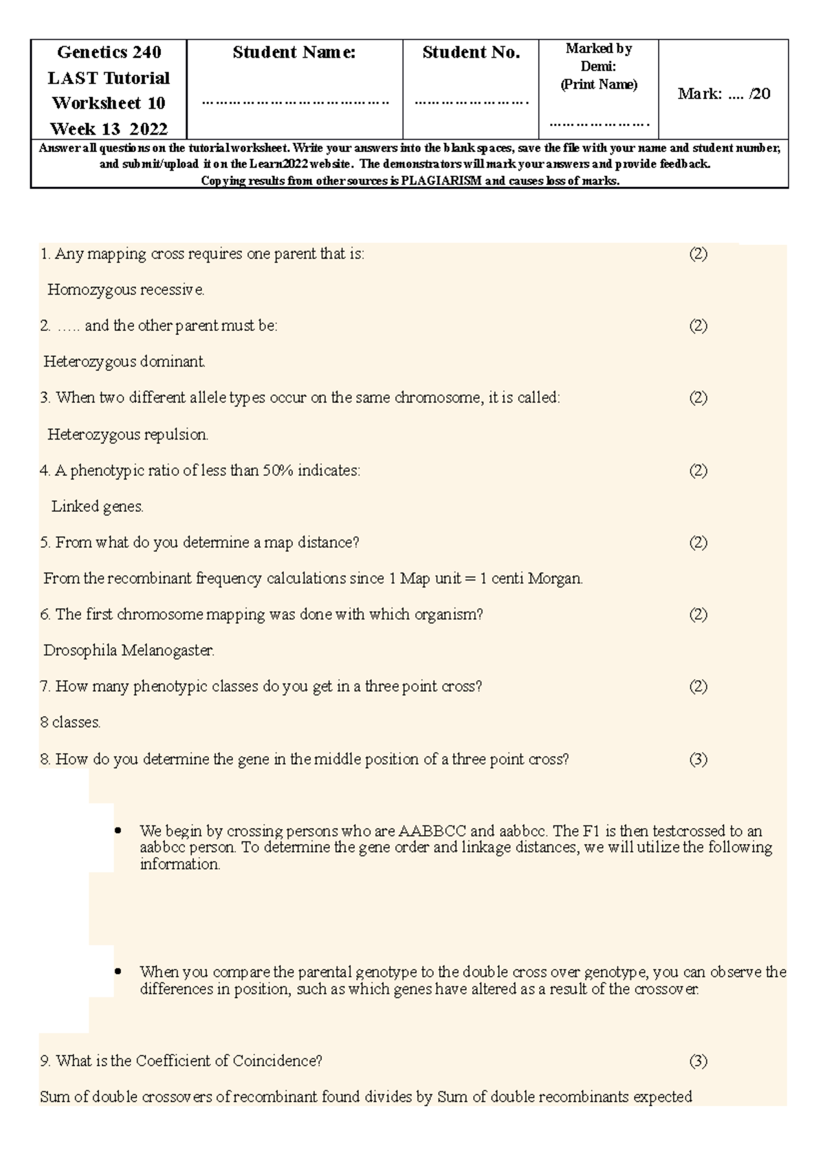 Tutorial Worksheet 10 LAST Week 13 2022 9Q Gene Mapping - Genetics 240 ...