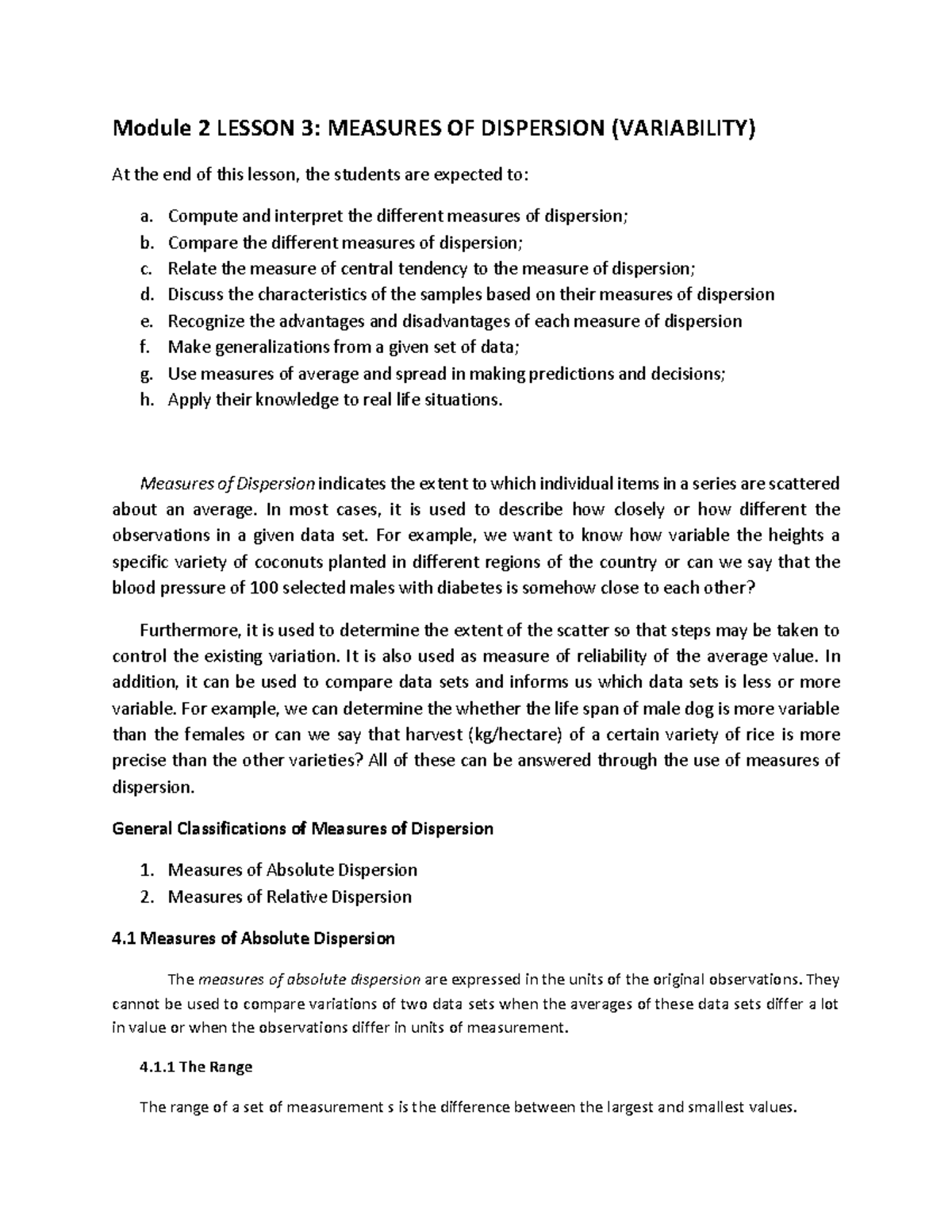 Module 2 - Lesson 3 Measures of Dispersion with EA - Module 2 LESSON 3 ...