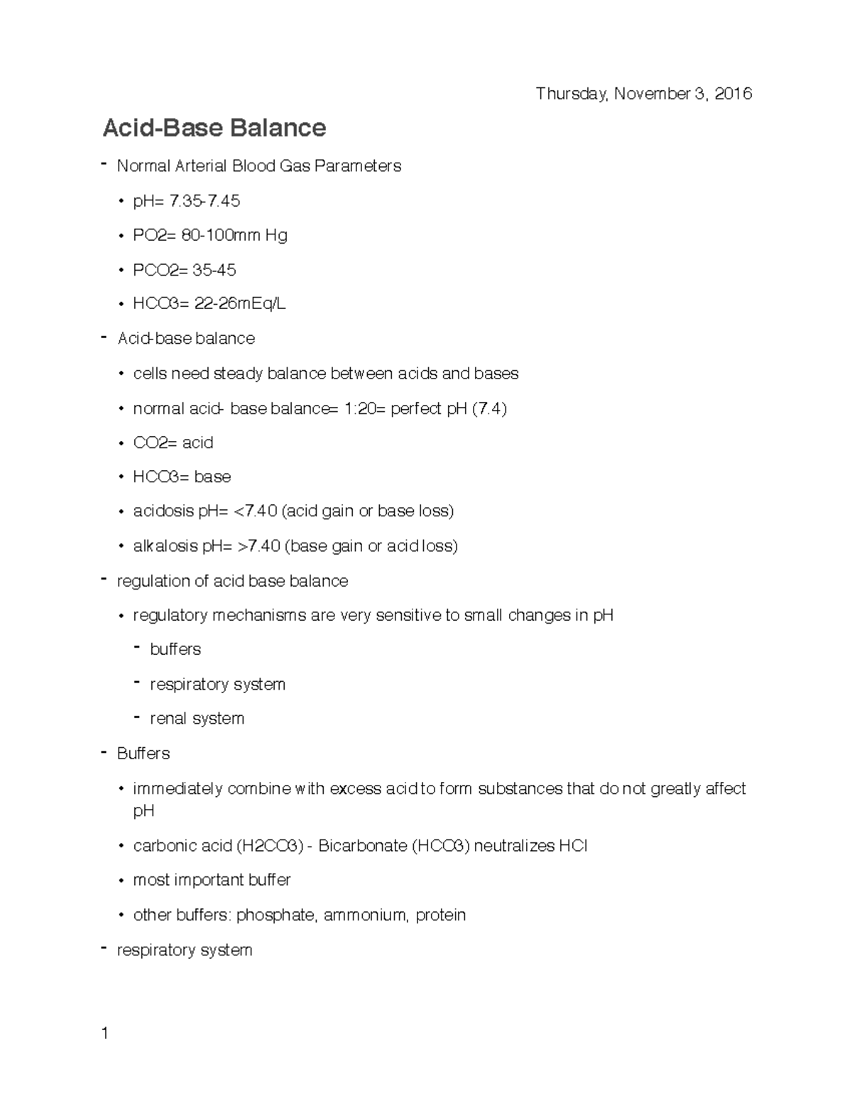 Acid-Base Balance Notes - Thursday, November 3, 2016 Balance Normal ...