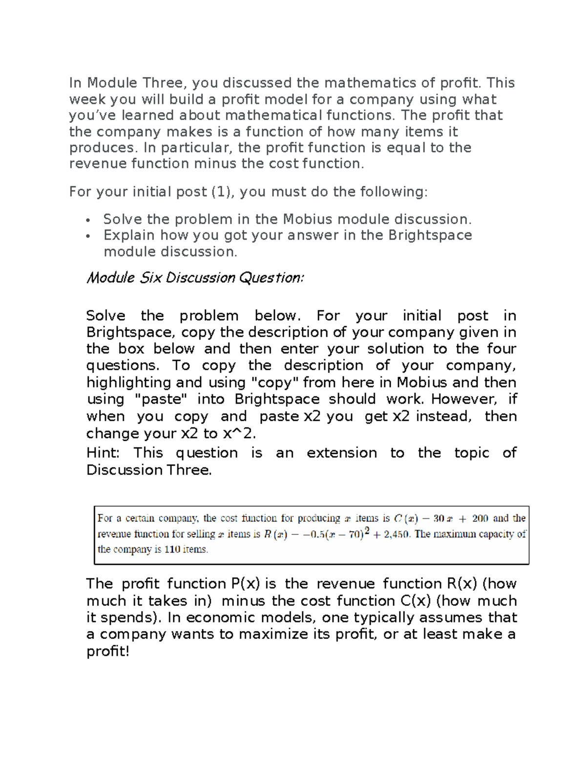 6-1 Discussion Analyze Profit Functions - In Module Three, you ...