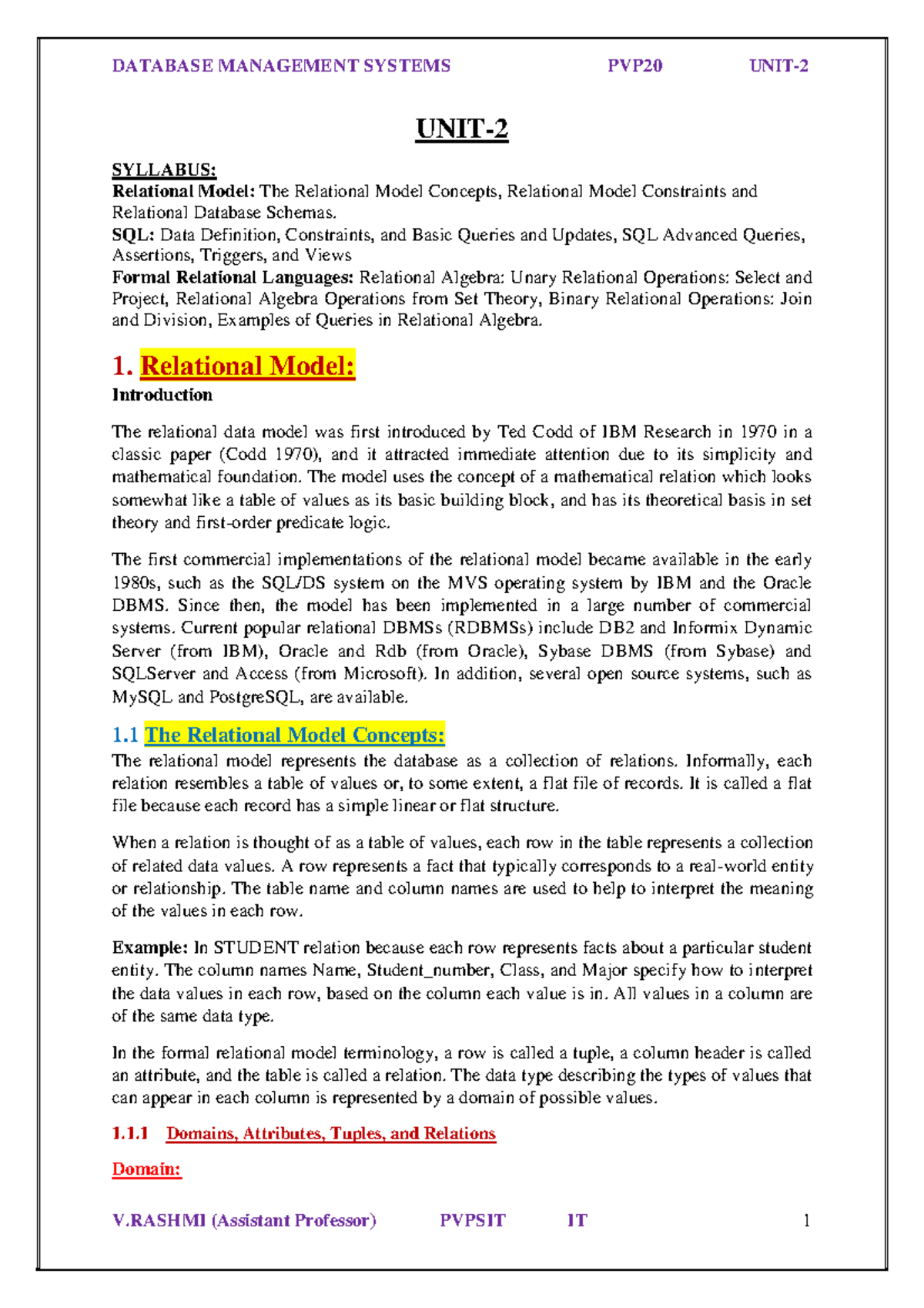 LECTURE NOTES DATABASE MANAGEMETN SYSTEMS - UNIT- 2 SYLLABUS ...