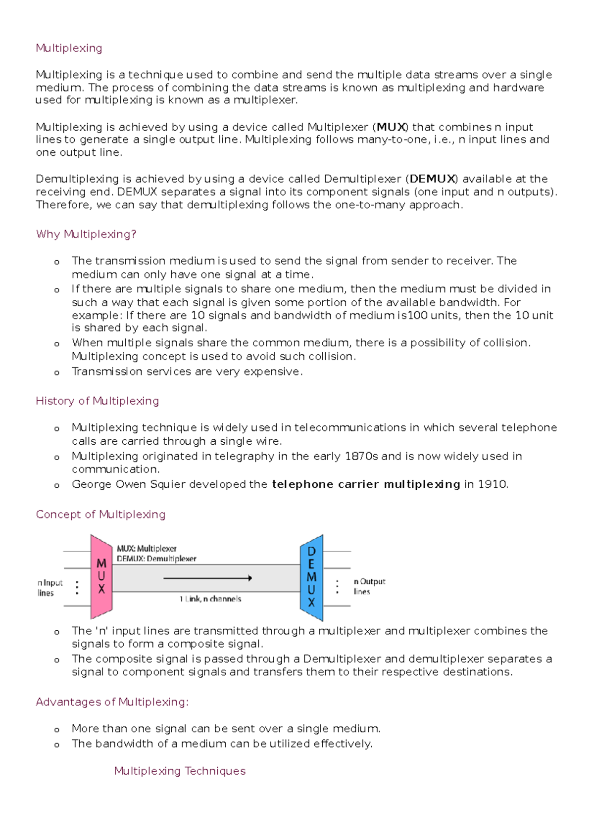Data Communication Key Notes Multiplexing Multiplexing Is A Technique Used To Combine And Send