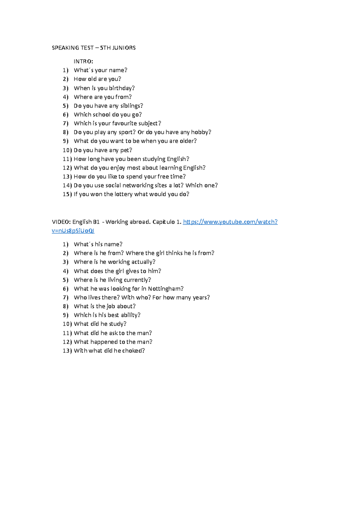 ORAL TEST 5TH Juniors B1+ - SPEAKING TEST – 5TH JUNIORS INTRO: What ́s ...