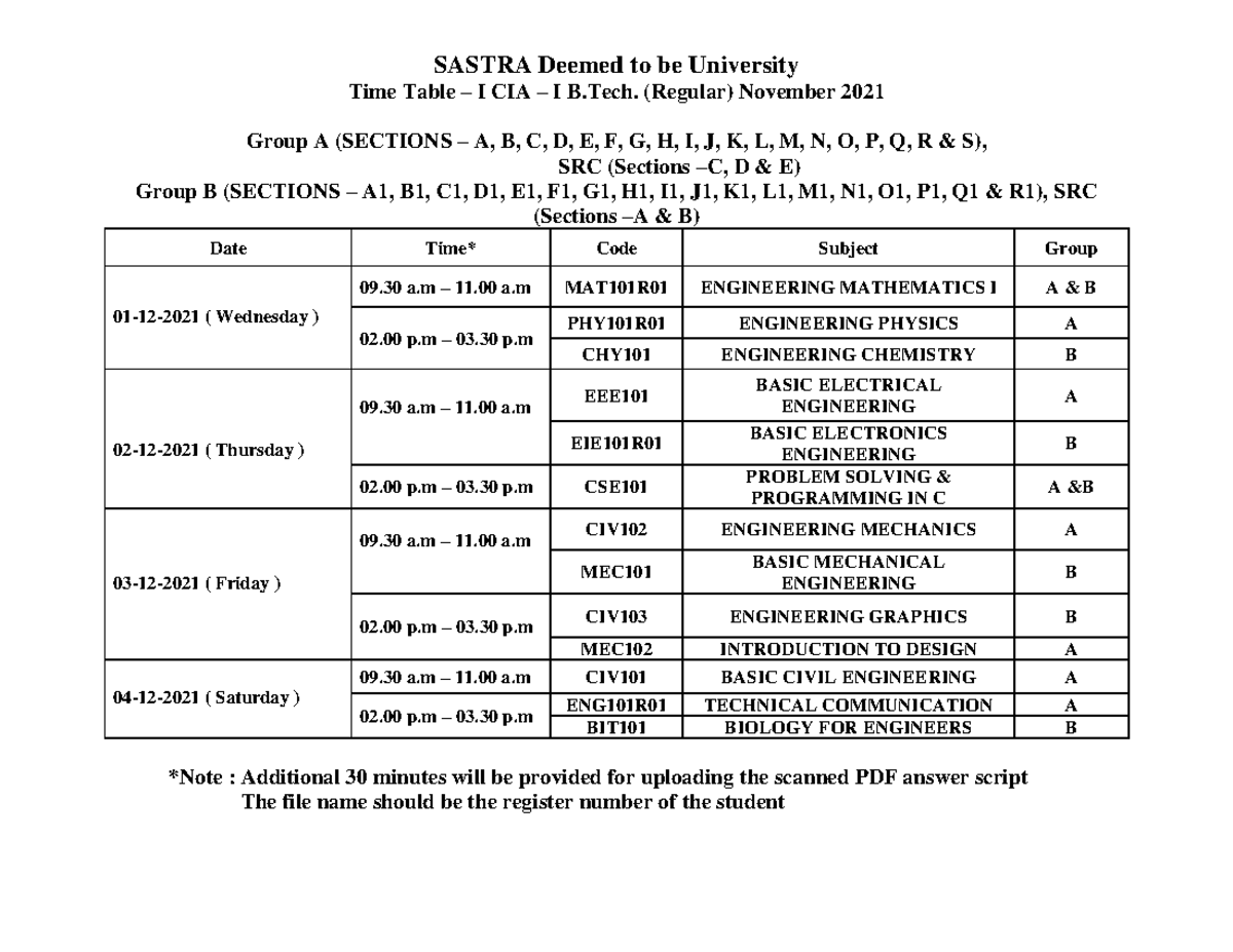 Time table of sastra - SASTRA Deemed to be University Time Table – I ...