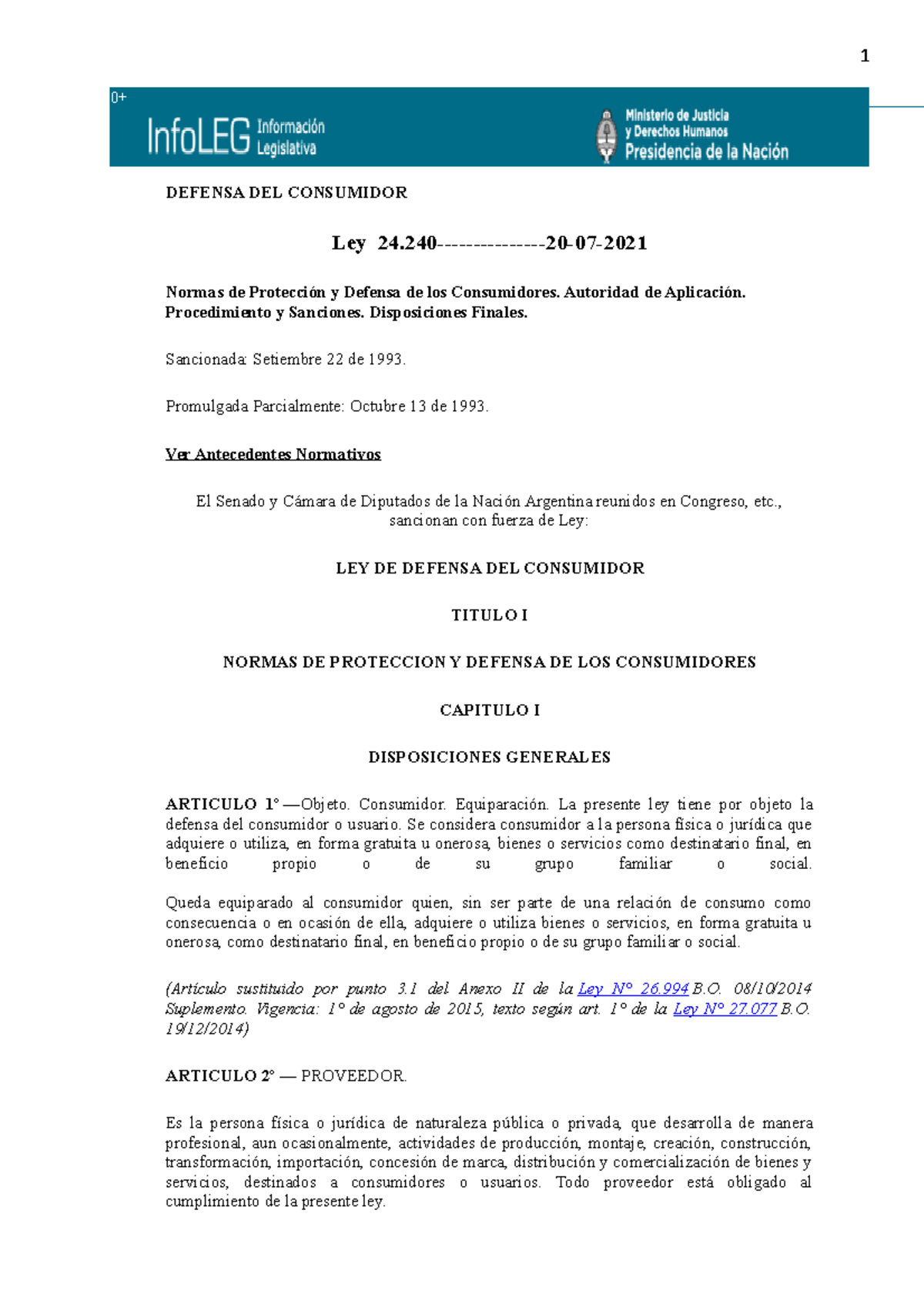 Ley 24.240- Defensa DEL Consumidor bajado 20-07-2021 - 0+ DEFENSA DEL ...