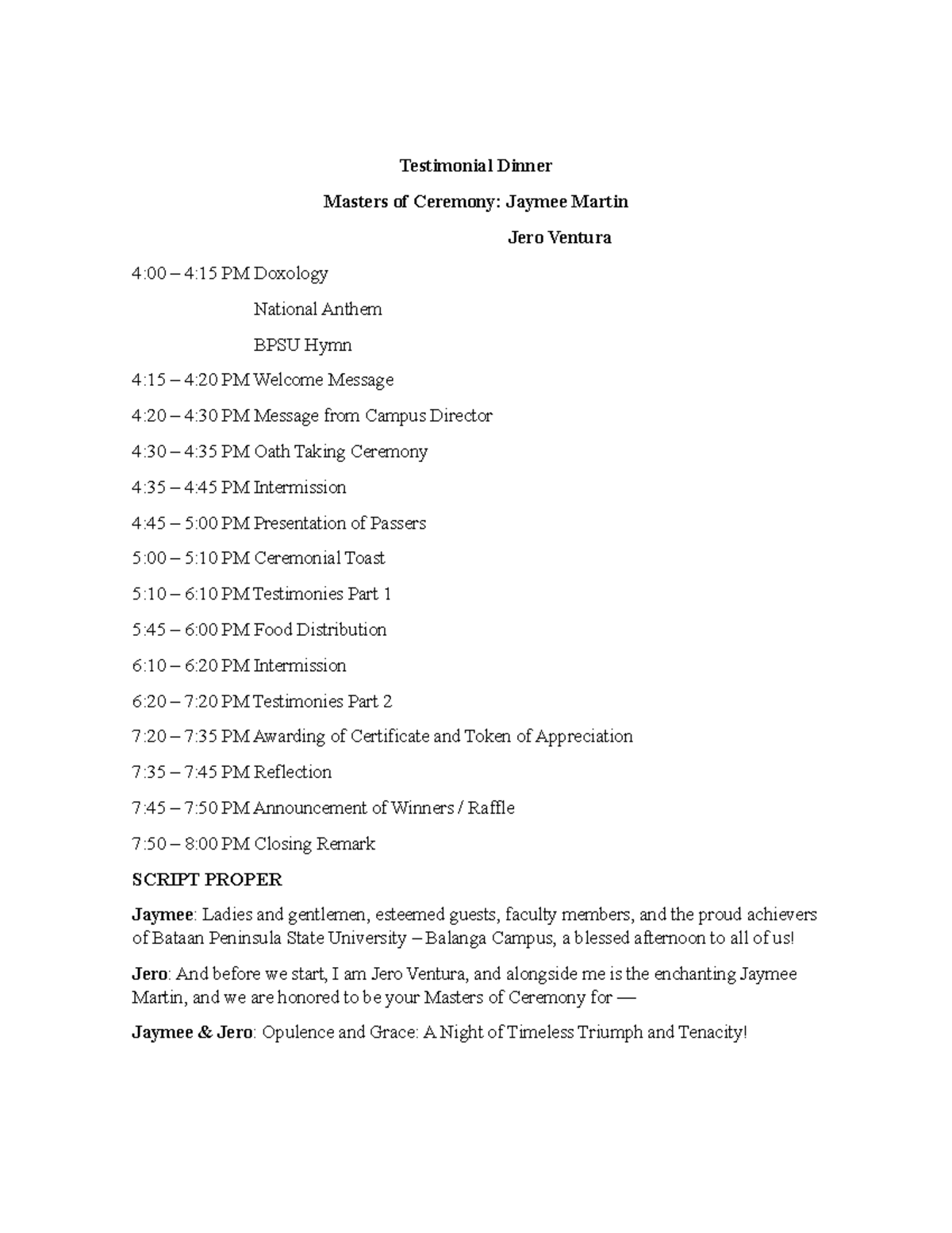 Masters of Ceremony Script - Testimonial Dinner Masters of Ceremony ...
