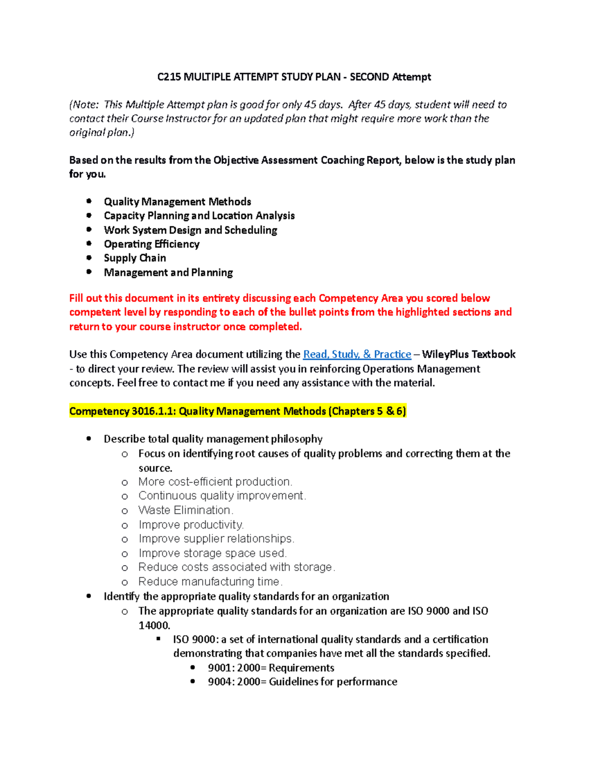 C215 Study Plan - C215 MULTIPLE ATTEMPT STUDY PLAN - SECOND Attempt ...