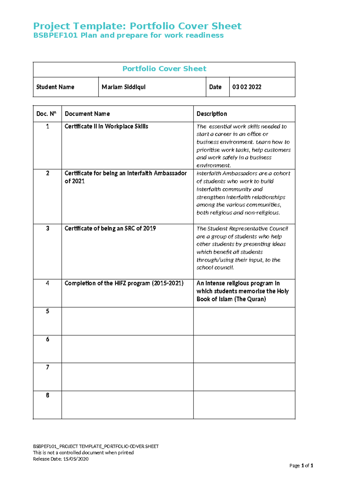 Bsbpef 101 A2 Project Template Portfolio Cover Sheet - Project Template ...