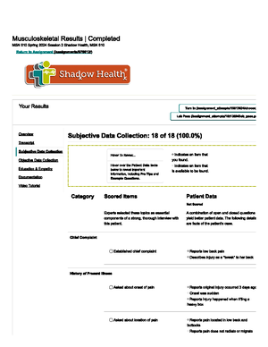Musculoskeletal Documentation - Shadow Health - MSN610 - Studocu