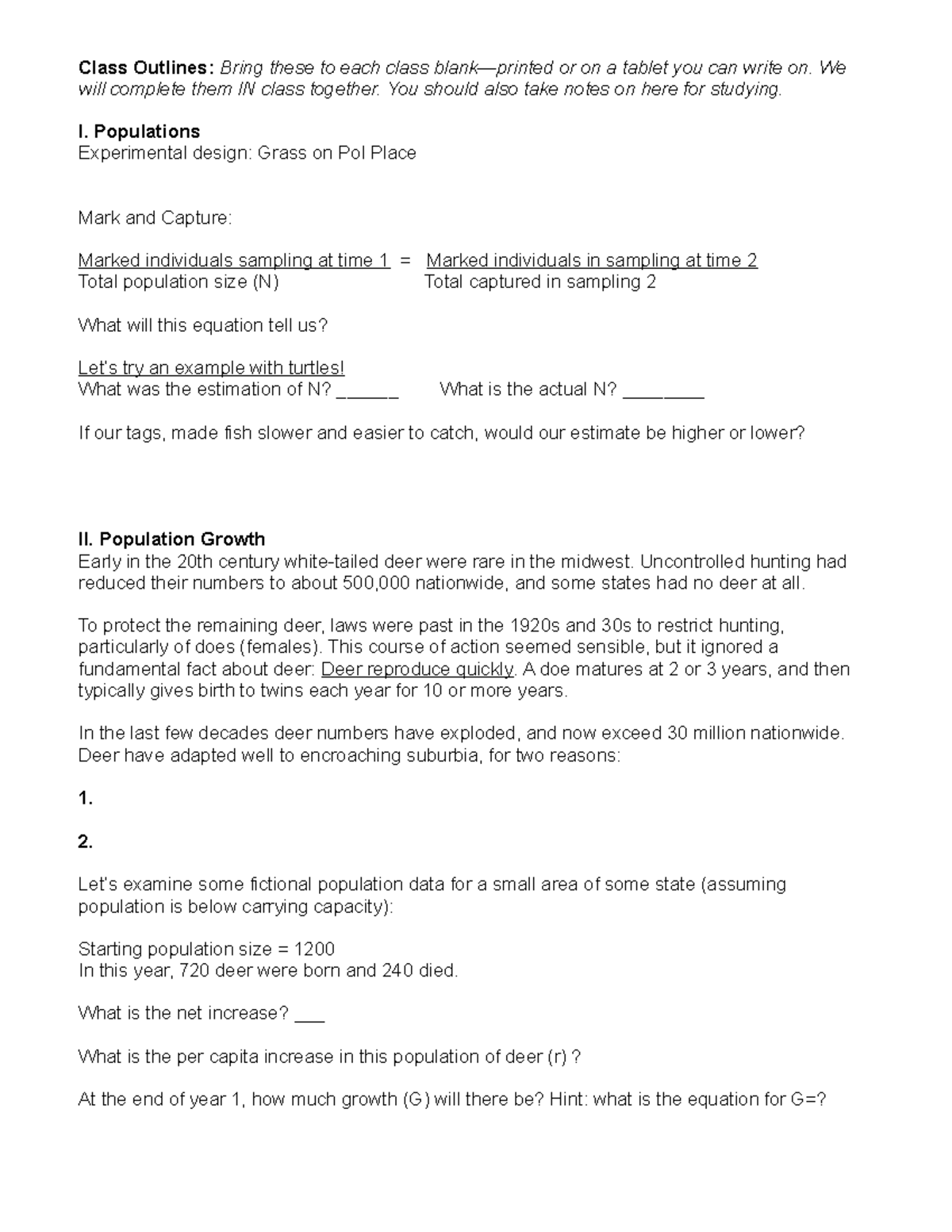 Lesson 19 Class Outline Populations Class Outlines Bring These To Each Class Blank—printed Or