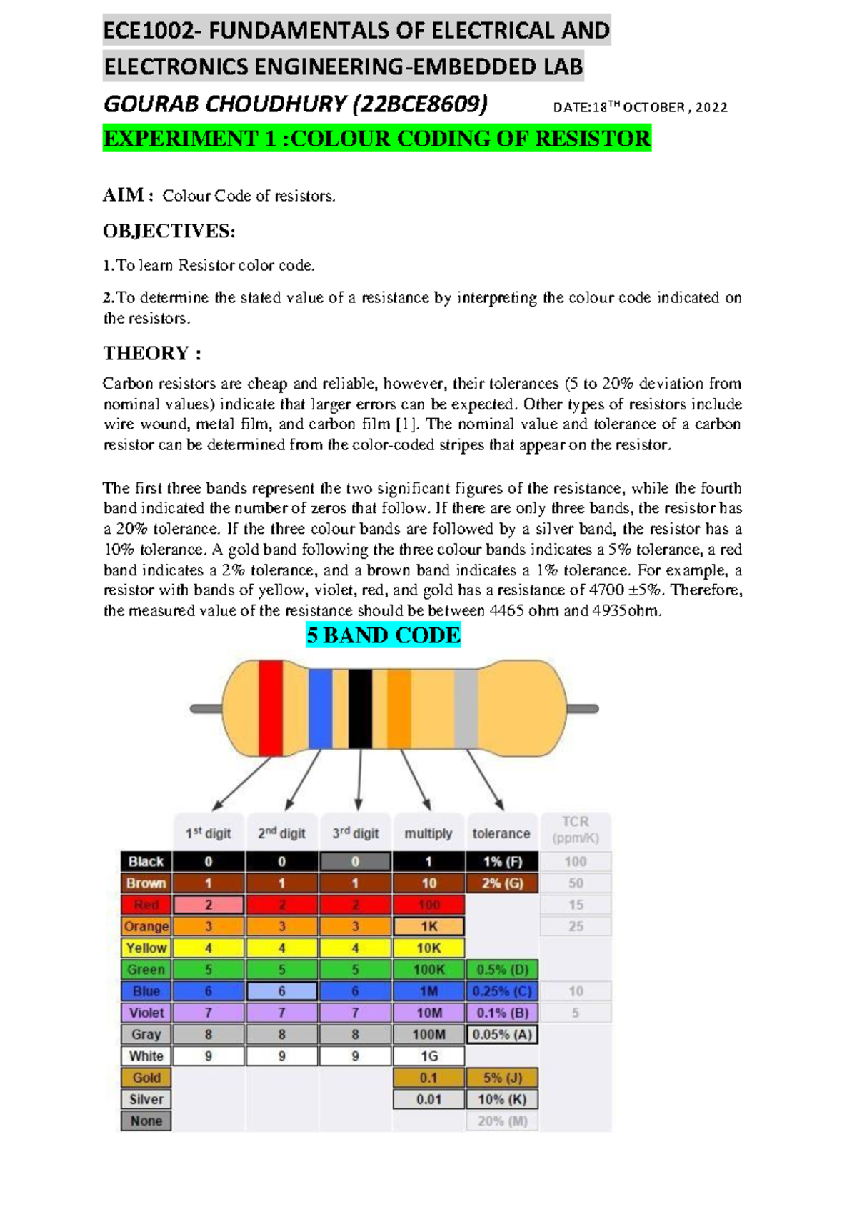 ECE LAB - Experiment 1- Colour Coding OF Resistor - ECE1002 ...