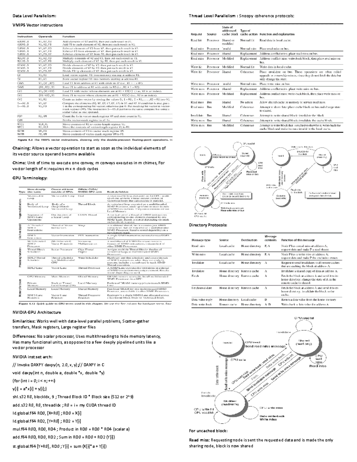280 cheat sheet - Data Level Parallelism: VMIPS Vector instructions ...