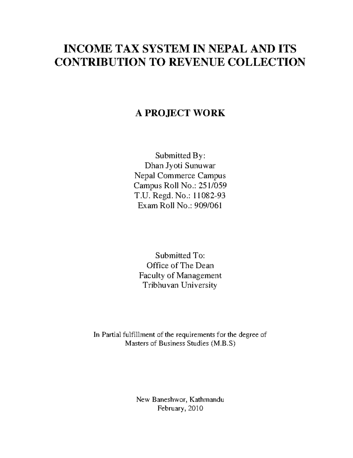 Thesis - INCOME TAX SYSTEM IN NEPAL AND ITS CONTRIBUTION TO REVENUE ...