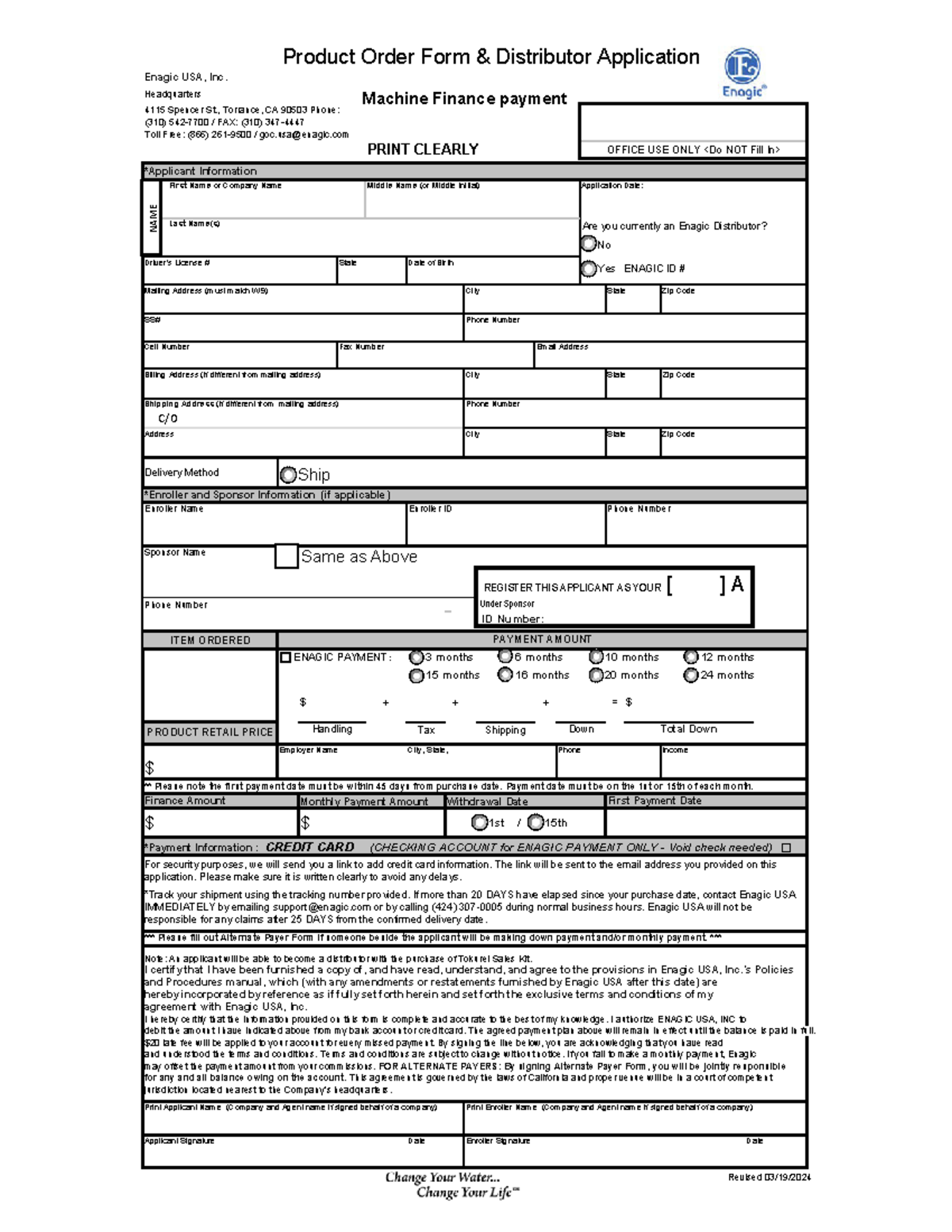 USA 2 Product Financing Forms - Enagic USA, Inc. Headquarters 4115 ...
