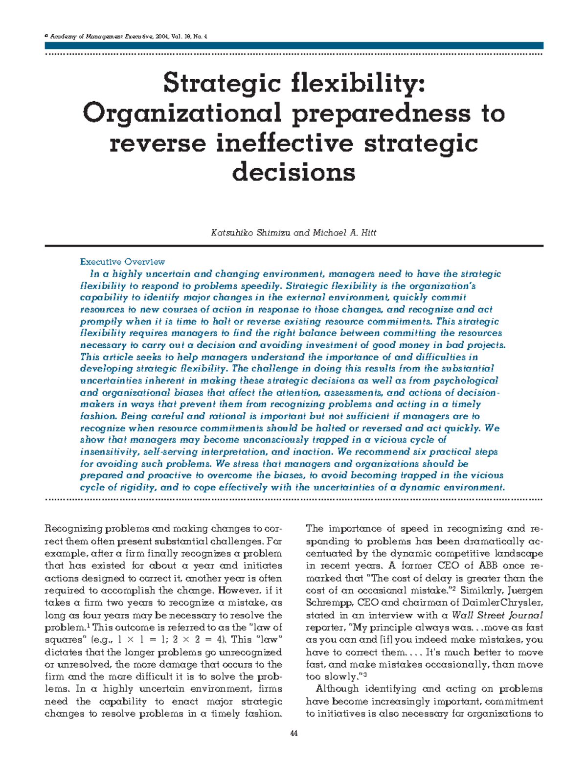Shimizu and Hitt (2004 ) - Strategic flexibility - Strategic ...