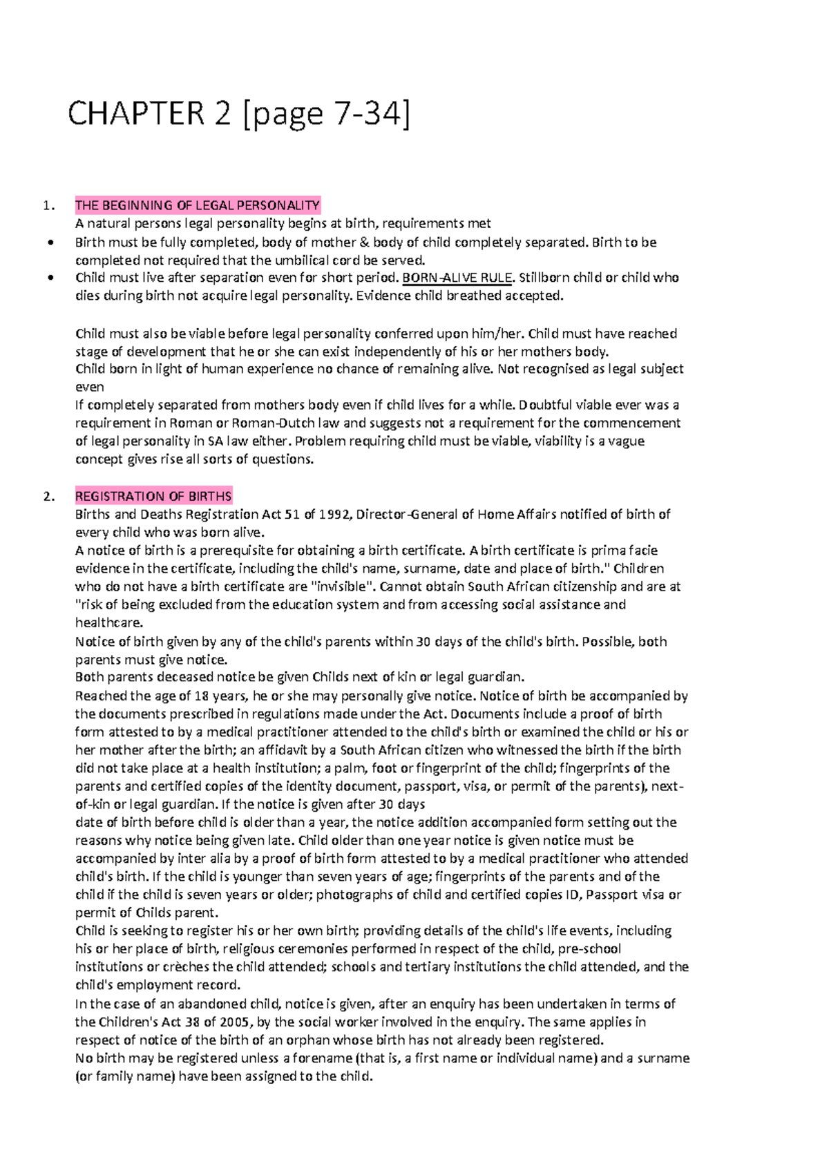 Chapter 2 [page 7-34] - Summary The South African Law of Persons Fifth ...