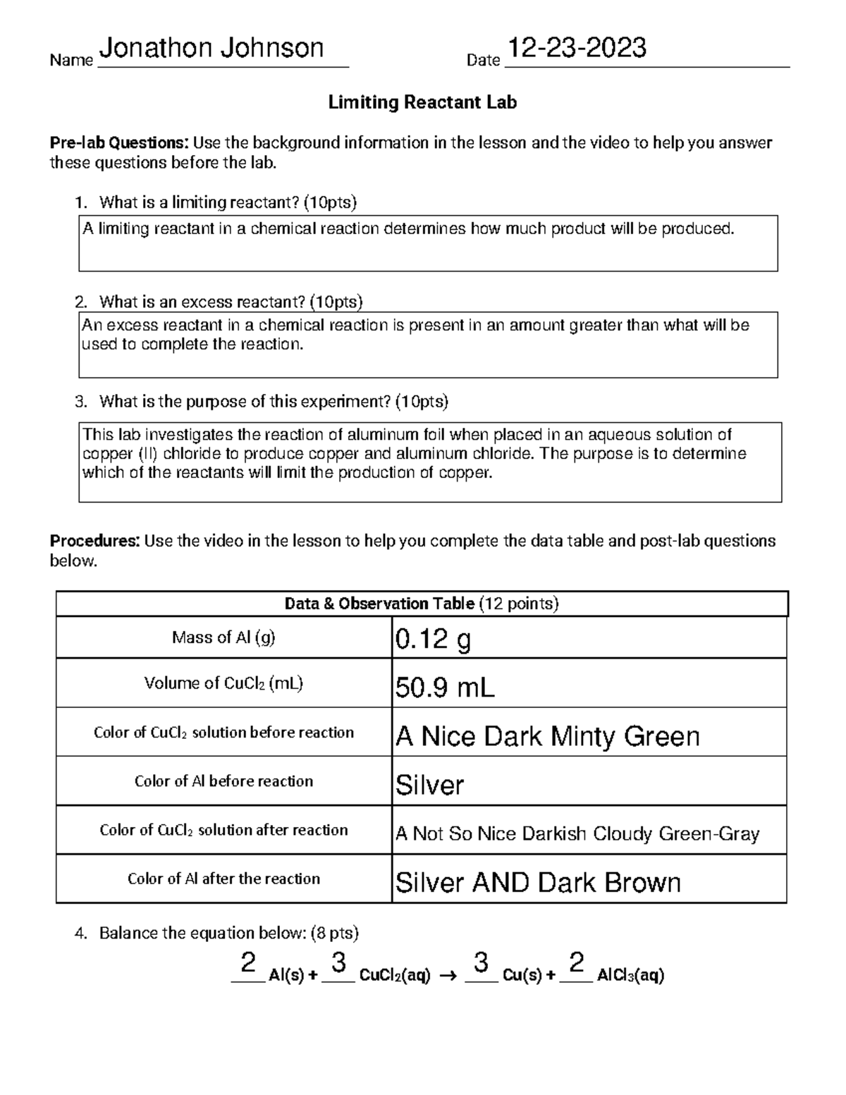 Limiting+Reactant+Lab - Name Date Limiting Reactant Lab Pre-lab ...