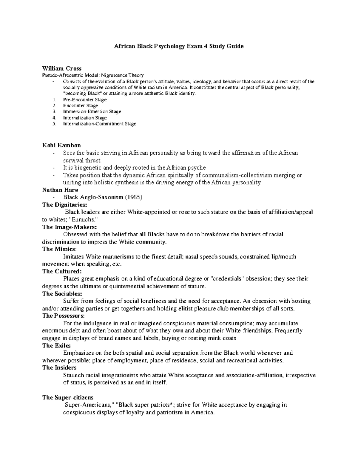 Blck psy study 4 - African Black Psychology Exam 4 Study Guide William ...