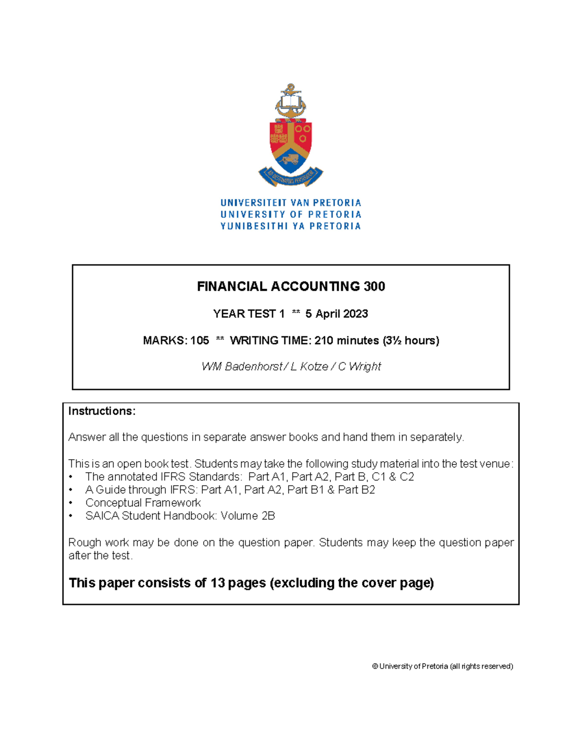 FRK 300 YT1 2023 - FINANCIAL ACCOUNTING 300 YEAR TEST 1 ** 5 April 2023 ...