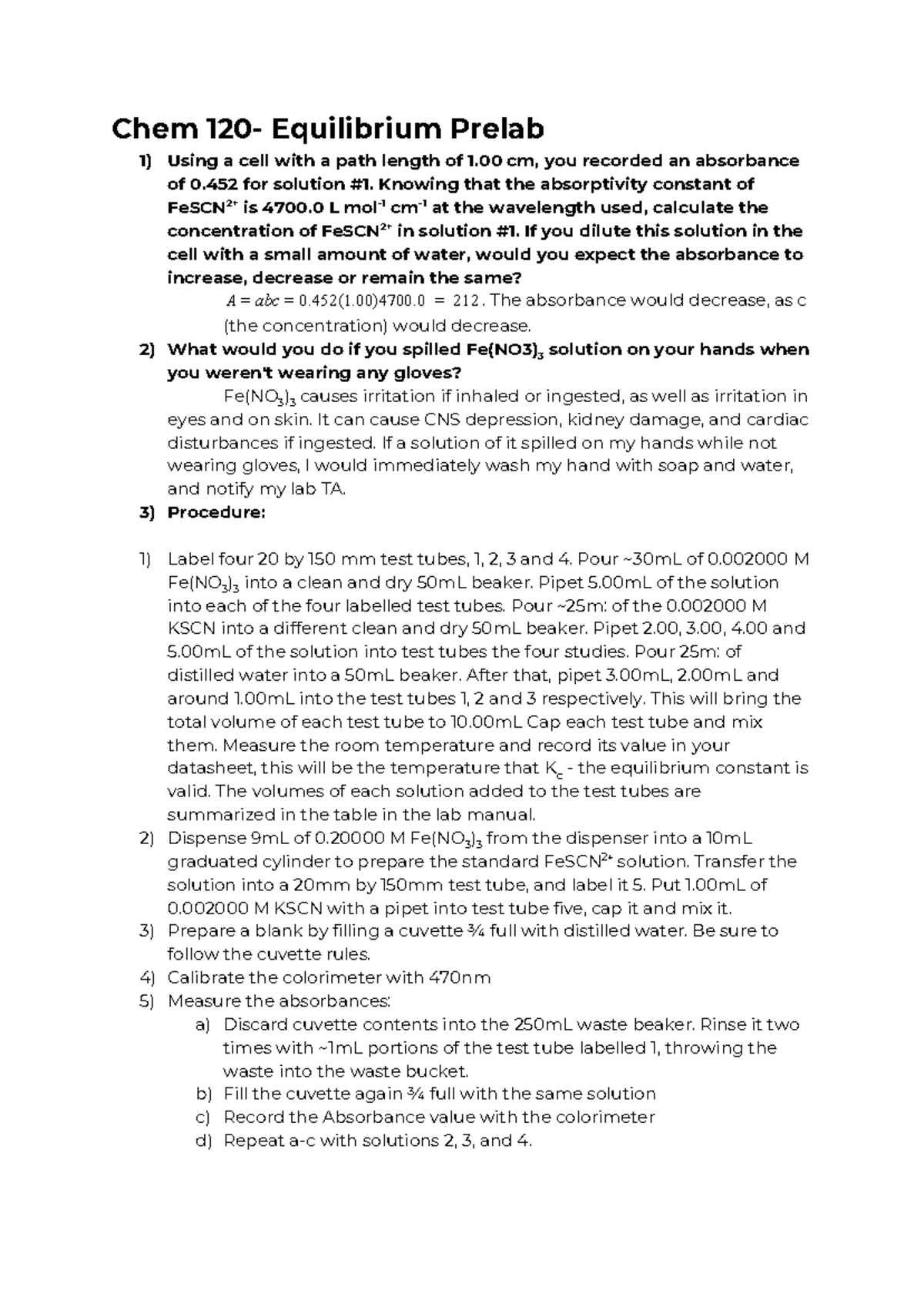 Chem 120 Equilibrium Prelab - Chem 120- Equilibrium Prelab Using a cell ...