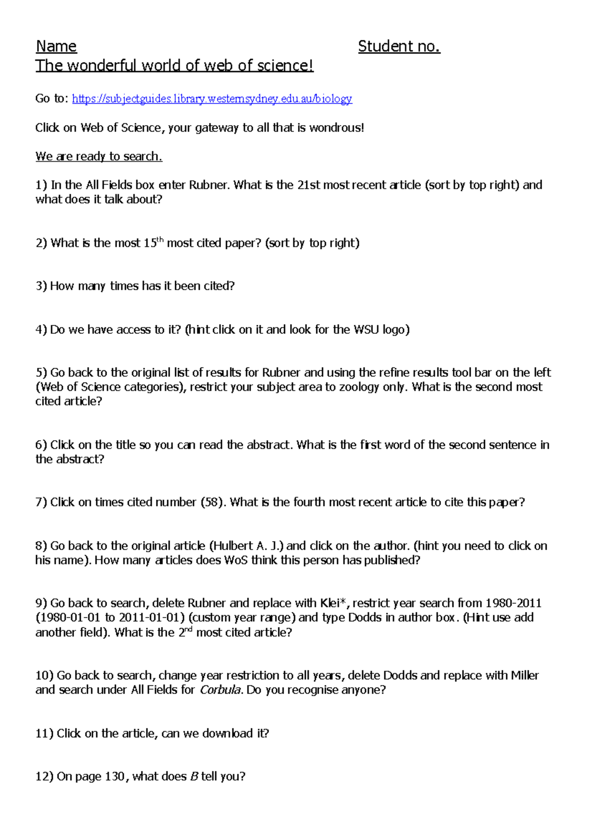 The wonderful world of web of science question sheet for Comparative ...