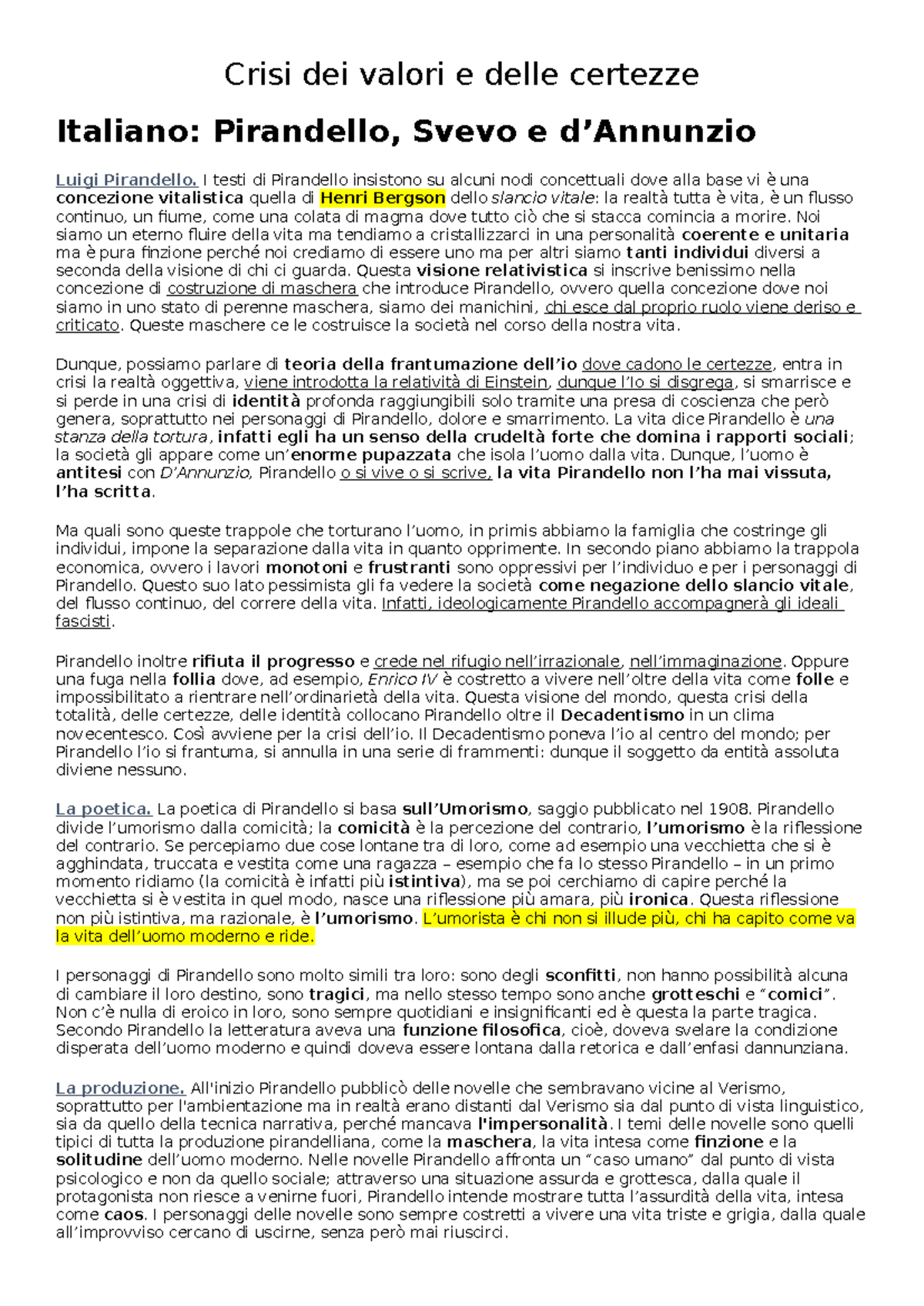 Crisi dei valori e delle certezze - Crisi dei valori e delle certezze Italiano: Pirandello ...