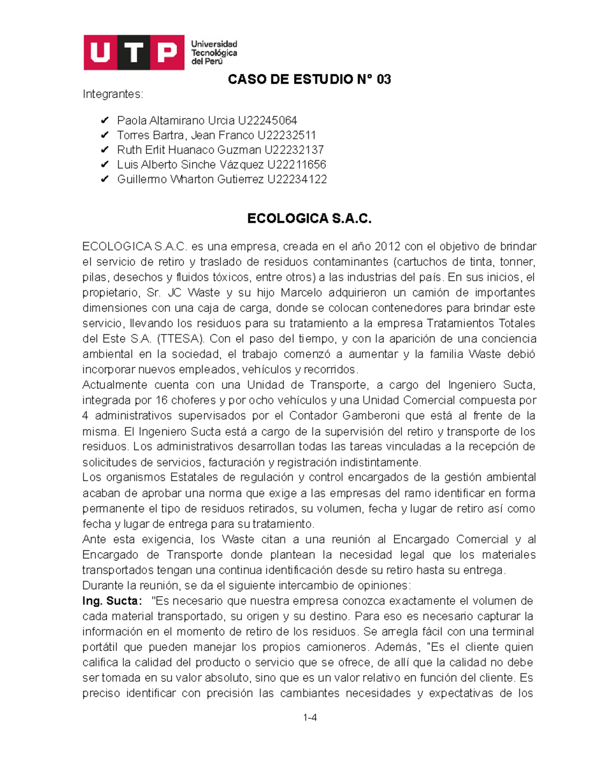S05 - CASO DE Estudio - Ecológica - Aplicación DEL Ciclo PDCA - CASO DE ESTUDIO N° 03 ...