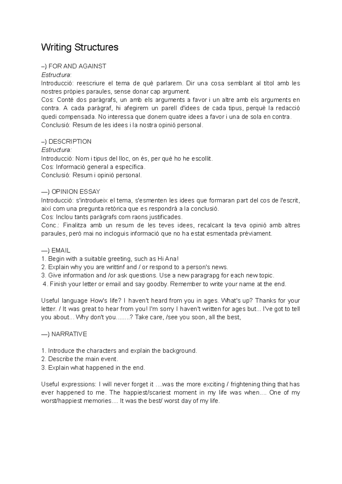 Anglès PAU 2023 - Writing structures - Writing Structures –) FOR AND ...