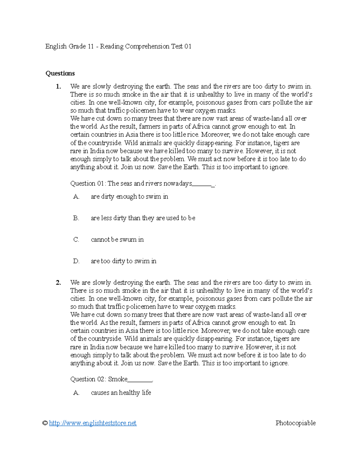 English Grade 11 Reading Comprehension Test 01 converted