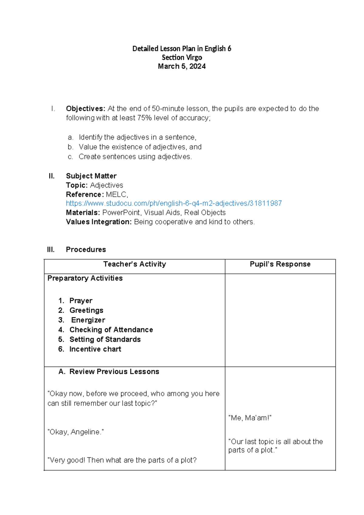 Detailed Lesson Plan in English 6 - Adjectives-Del18 - Detailed Lesson ...