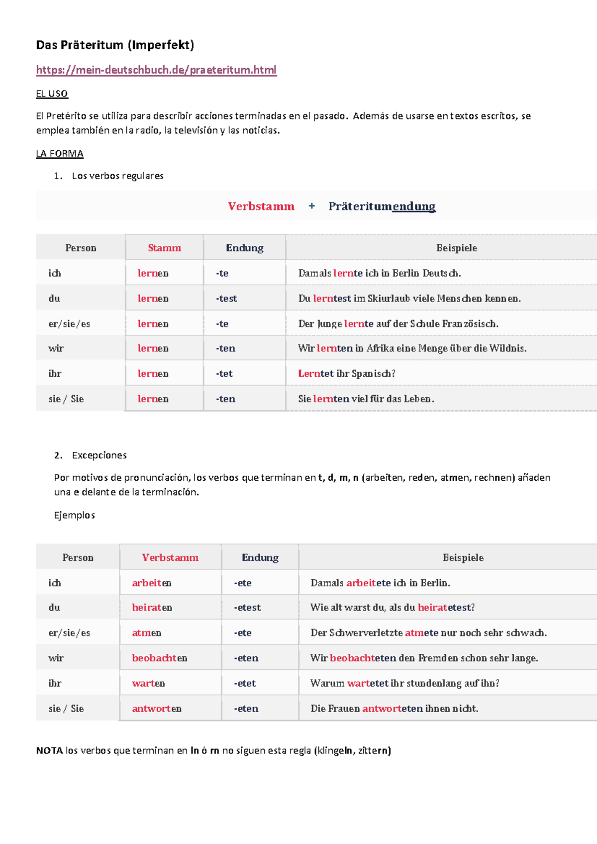 Das Präteritum - apuntes preterito - Das Präteritum (Imperfekt) mein ...
