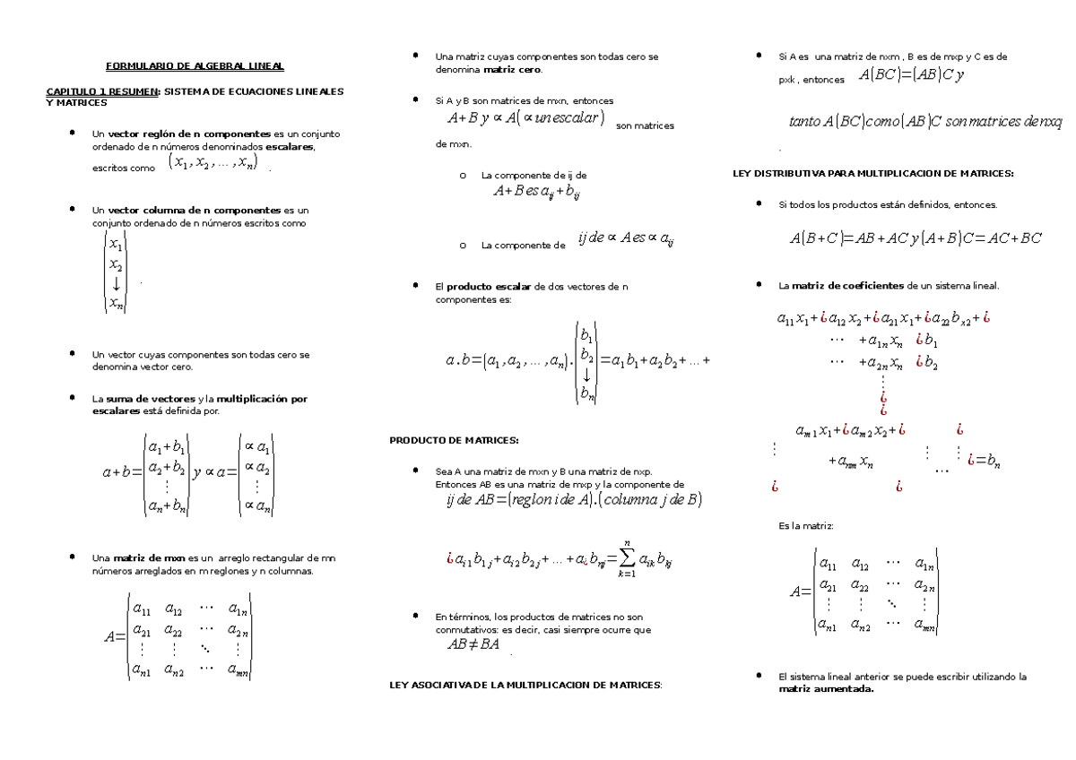 Pdfcoffee - Formularios de calculo integral y Algebra lineal ...