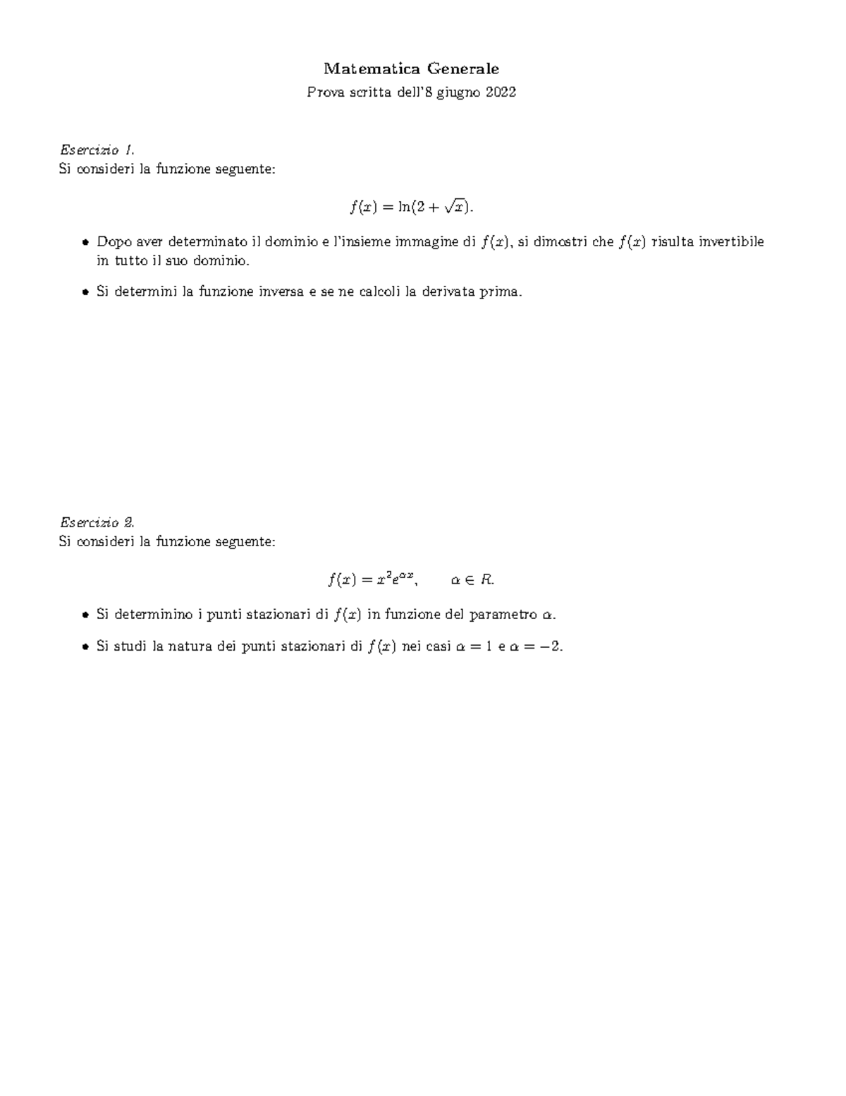 MG 08-06-2022 - esame utili per esame scritto - Matematica Generale Prova scritta dell’8 giugno ...