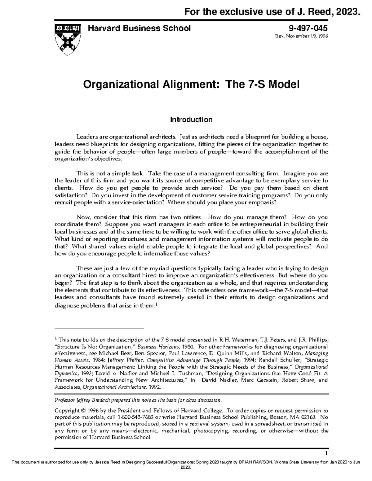 Organizational Alignment- The 7S Model Bradach - Harvard Business ...