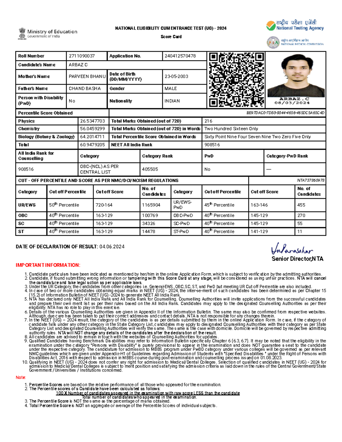 Neet - Hlo - DATE OF DECLARATION OF RESULT: 04. Senior Director,NTA ...