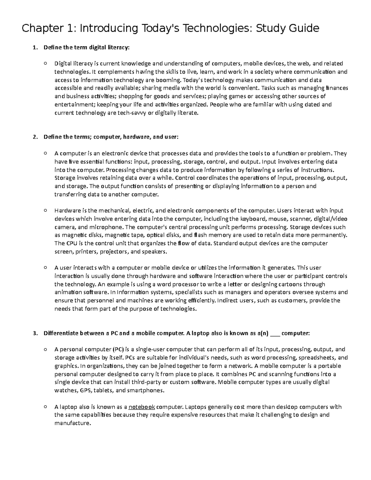 Study Guide Q 1 - 5 Discovering Computers 2017 Chapter 1 Assignment ...