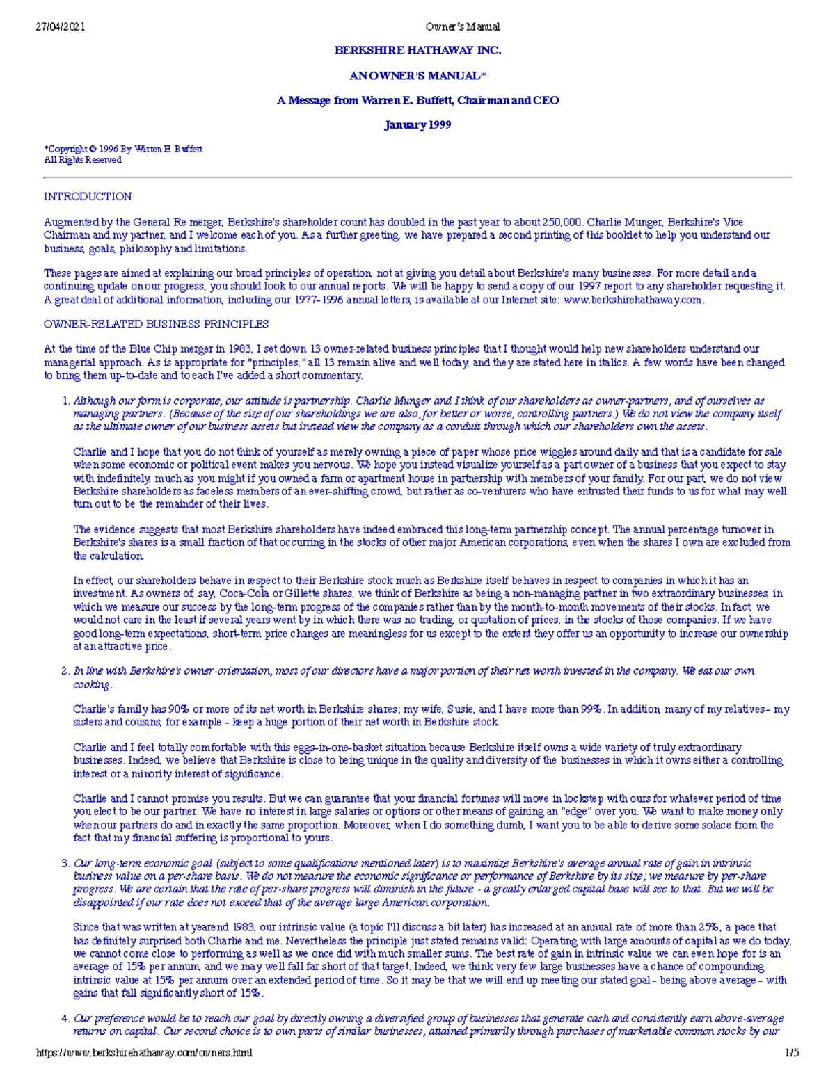 Owner’s Manual - BERKSHIRE HATHAWAY INC. AN OWNER'S MANUAL* A Message ...