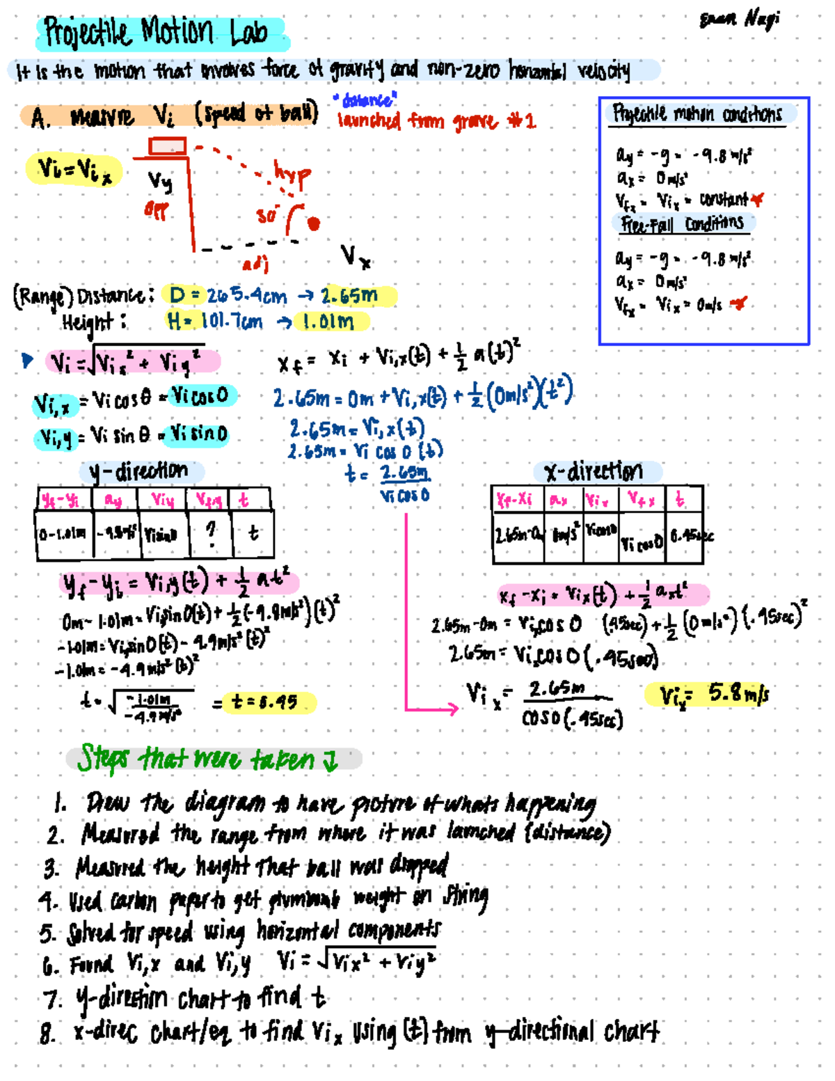 Projectile Motion Lab - extensive notes - Eman Nagi Projectile ...