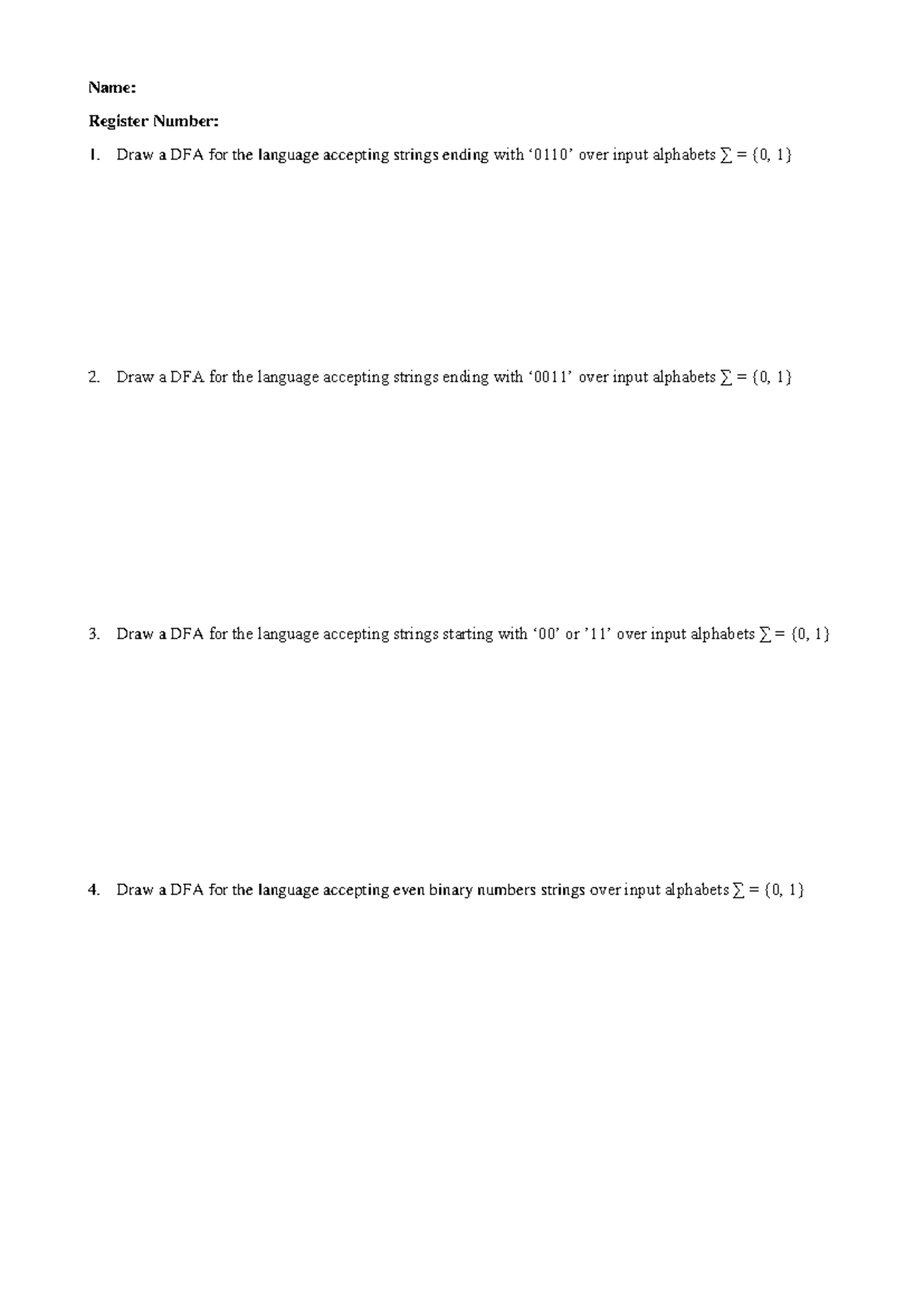 Worksheet 1 - Formal Language And Automata - Name: Register Number ...