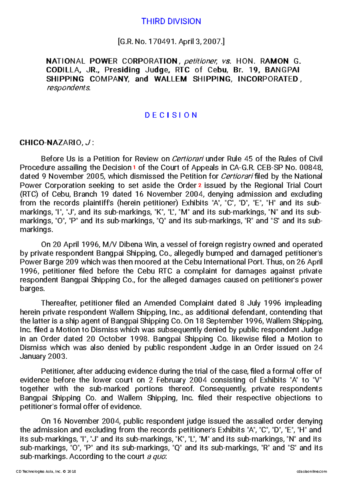 NPC vs Codilla - TEST - THIRD DIVISION [G. No. 170491. April 3, 2007 ...