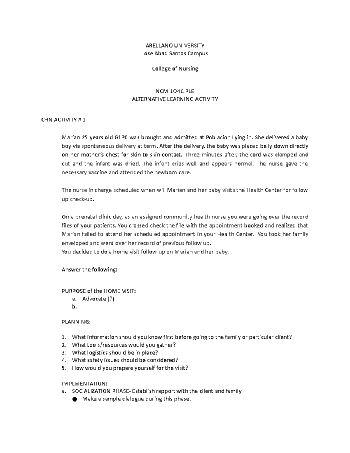 Activity-1-RLE - Activity Case Scenario - Bachelor of Science in ...