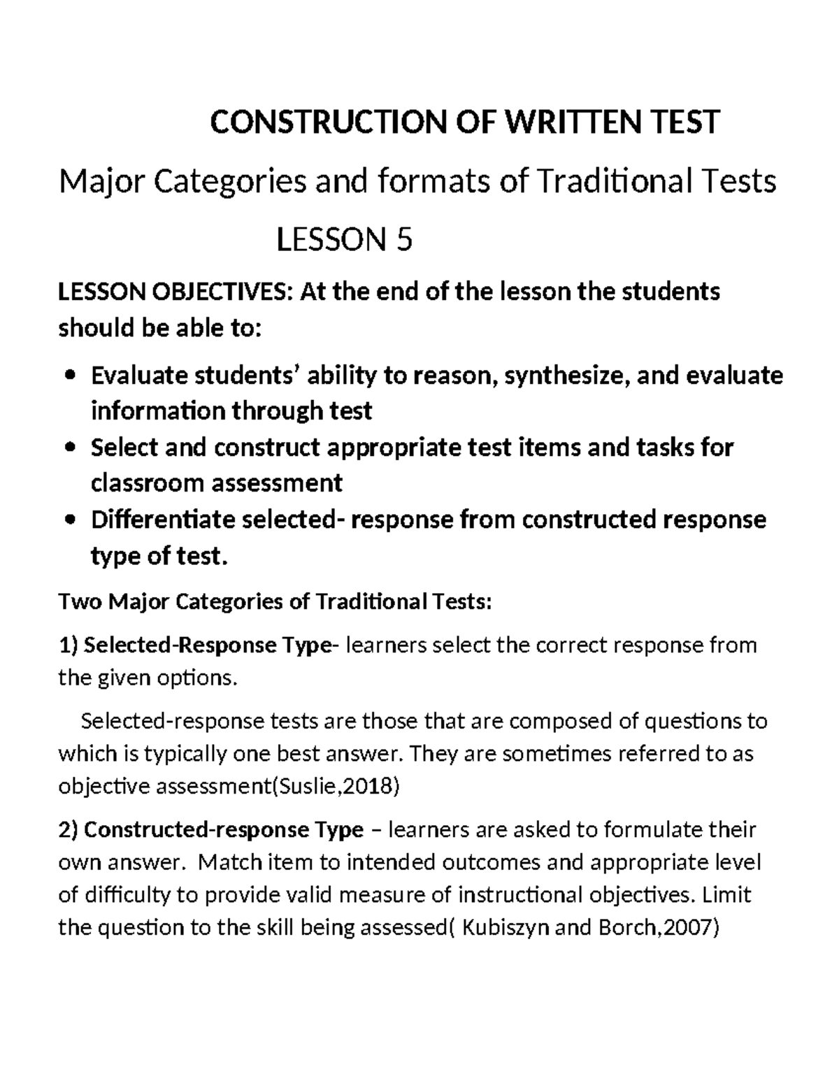 Major Categories and formats of Traditional tests 1 - CONSTRUCTION OF ...