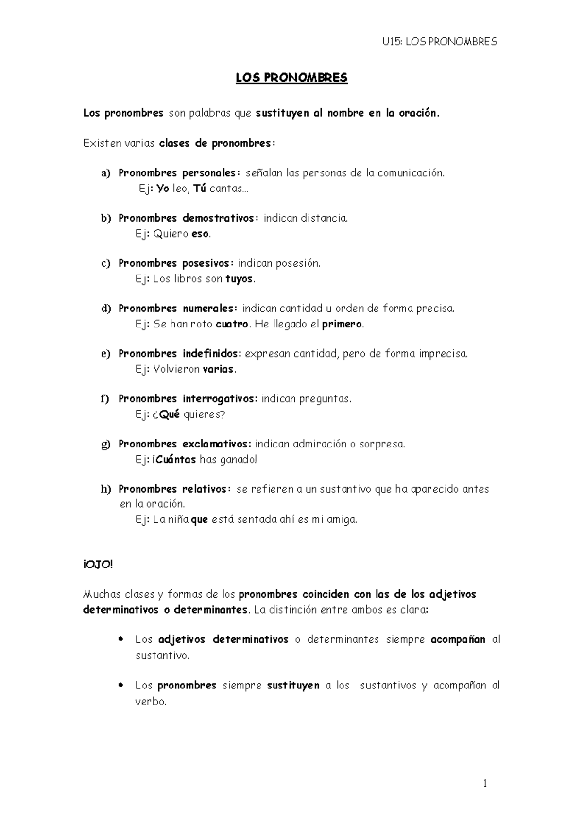 Ejercicios DE EL Pronombre - LOS PRONOMBRES Los pronombres son palabras ...