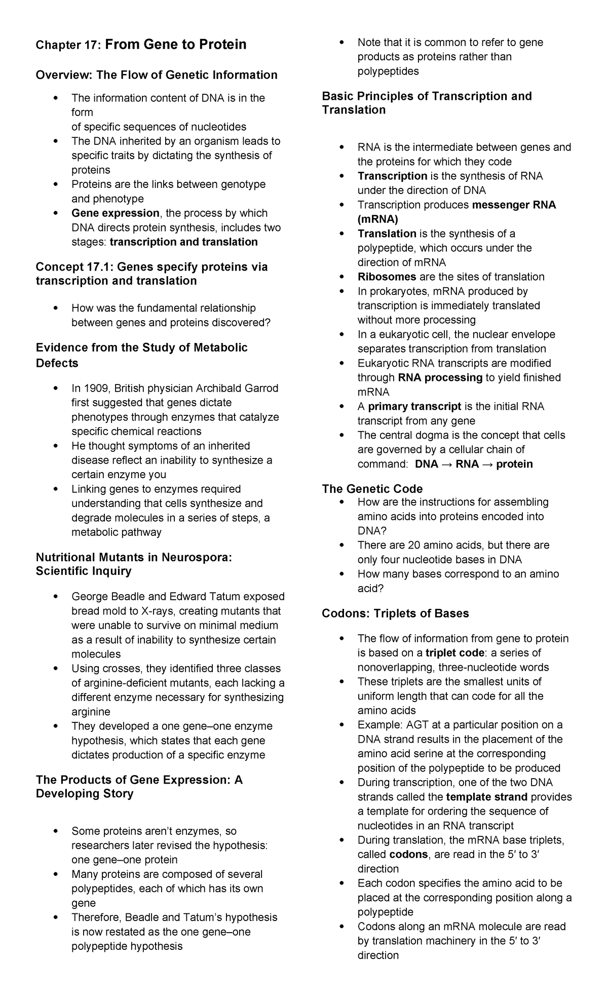 Biology Reviewer - Chapter 17: From Gene to Protein Overview: The Flow ...